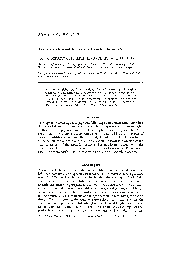 (PDF) Transient Crossed Aphasia: A Case Study with SPECT