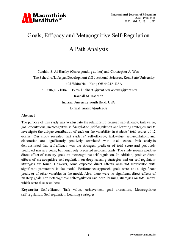 Pdf Goals Efficacy And Metacognitive Self Regulation A Path Analysis