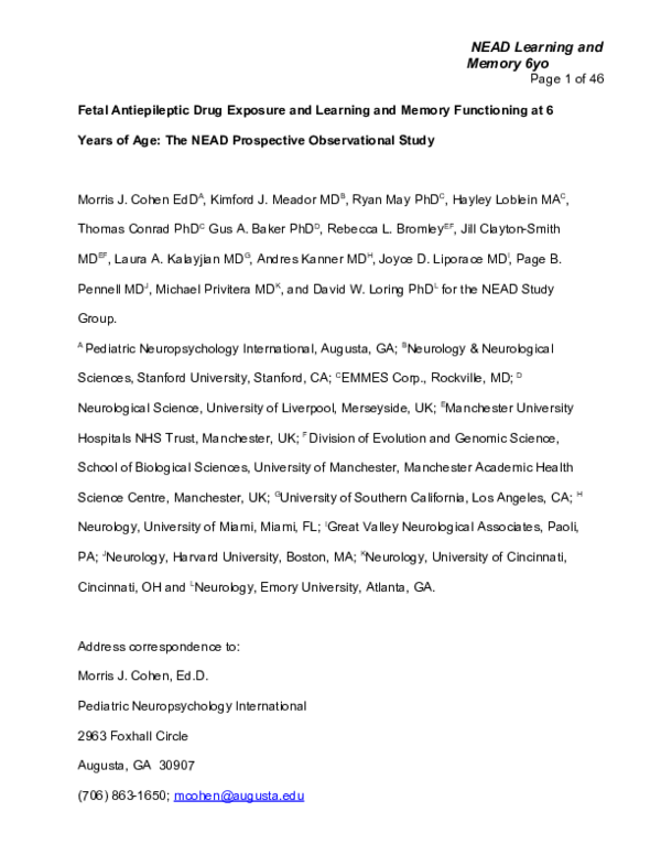 (DOC) Fetal antiepileptic drug exposure and learning and memory ...