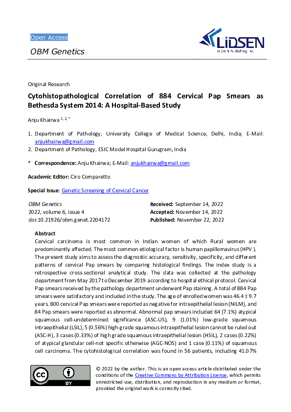 (PDF) Cytohistopathological Correlation of 884 Cervical Pap Smears as ...