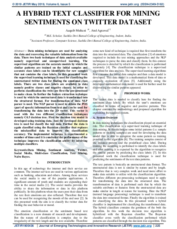 (PDF) A HYBRID TEXT CLASSIFIER FOR MINING SENTIMENTS ON TWITTER DATASET