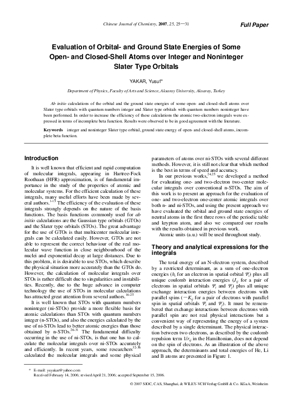 (PDF) Energy Evaluation of Atoms with Slater Orbitals