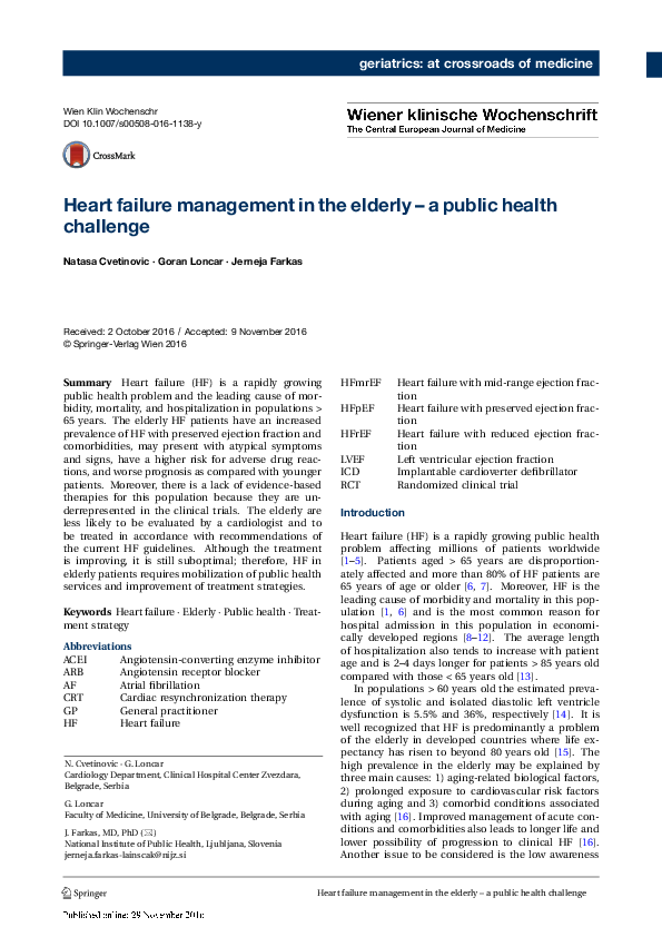 (PDF) Heart failure management in the elderly – a public health challenge