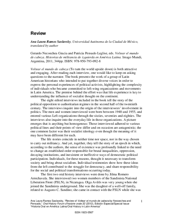 (PDF) Review of Voltear el mundo de cabeza by Necoechea and Pensado ...