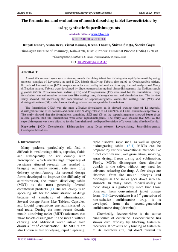 Pdf The Formulation And Evaluation Of Mouth Dissolving Tablet Levocetirizine By Using