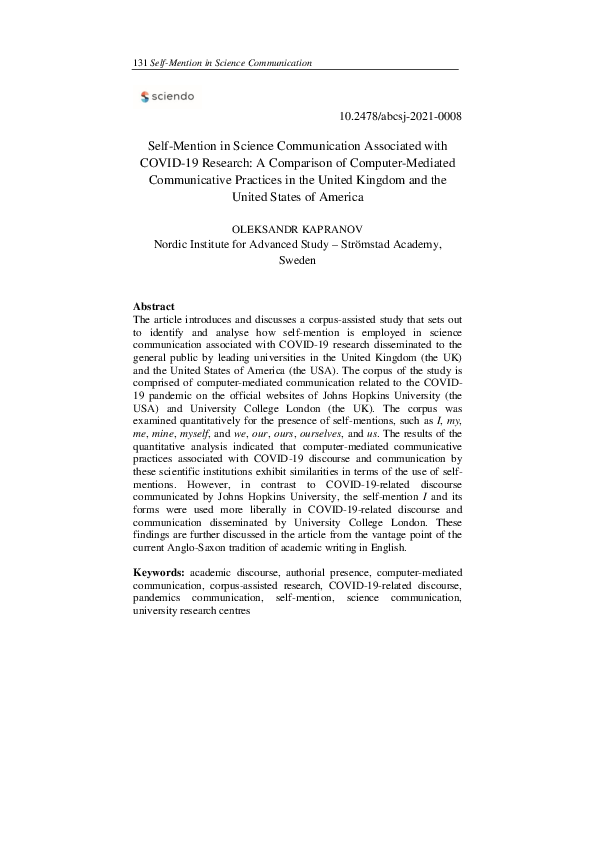(PDF) Self-Mention in Science Communication Associated with COVID-19 ...