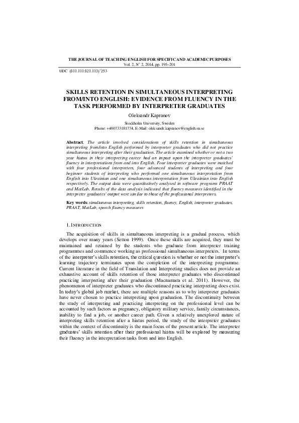 (PDF) Skills Retention in Simultaneous Interpreting From/Into English: Evidence from Fluency in ...