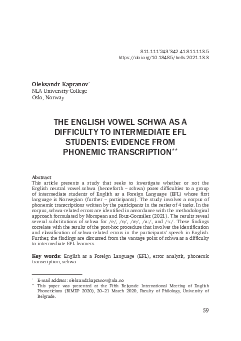 (PDF) The English Vowel Schwa as a Difficulty to Intermediate EFL ...