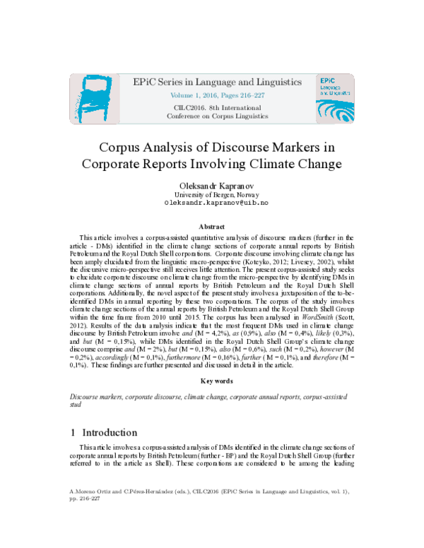 (PDF) Corpus Analysis of Discourse Markers in Corporate Reports Involving Climate Change