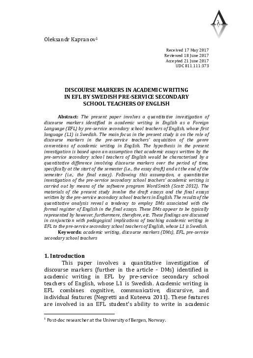 (PDF) Discourse markers in academic writing in EFL by Swedish pre-service secondary school ...