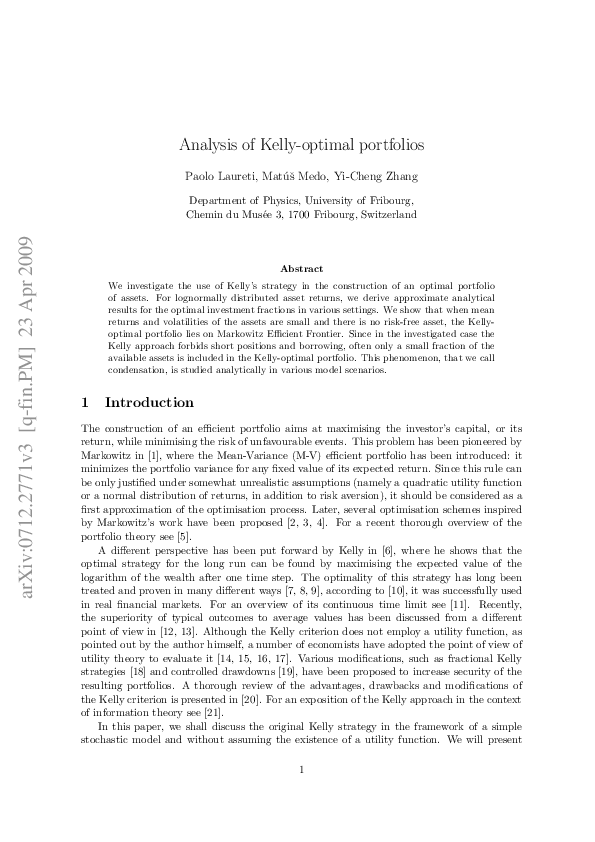 (PDF) Analysis of Kelly-optimal portfolios