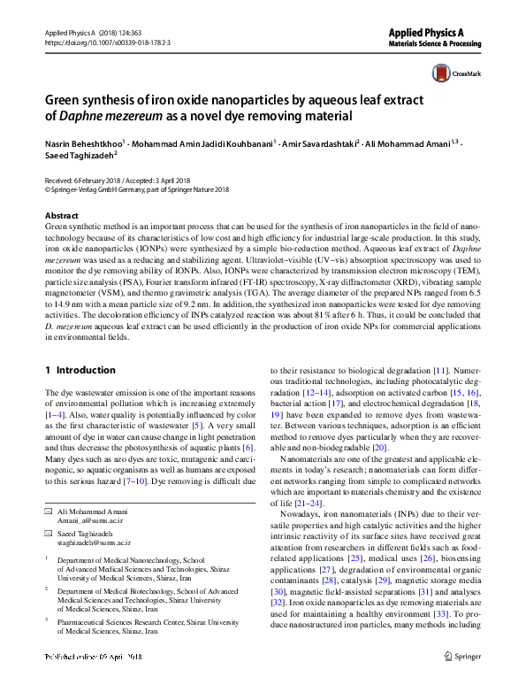 (PDF) Green synthesis of iron oxide nanoparticles by the aqueous extract of Laurus nobilis L ...