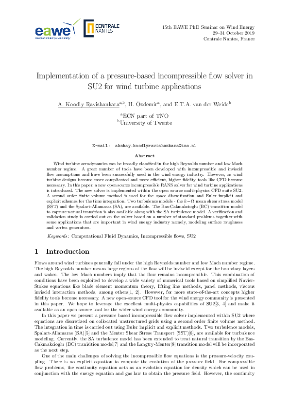(PDF) Implementation of a pressure based incompressible flow solver in SU2 for wind turbine ...