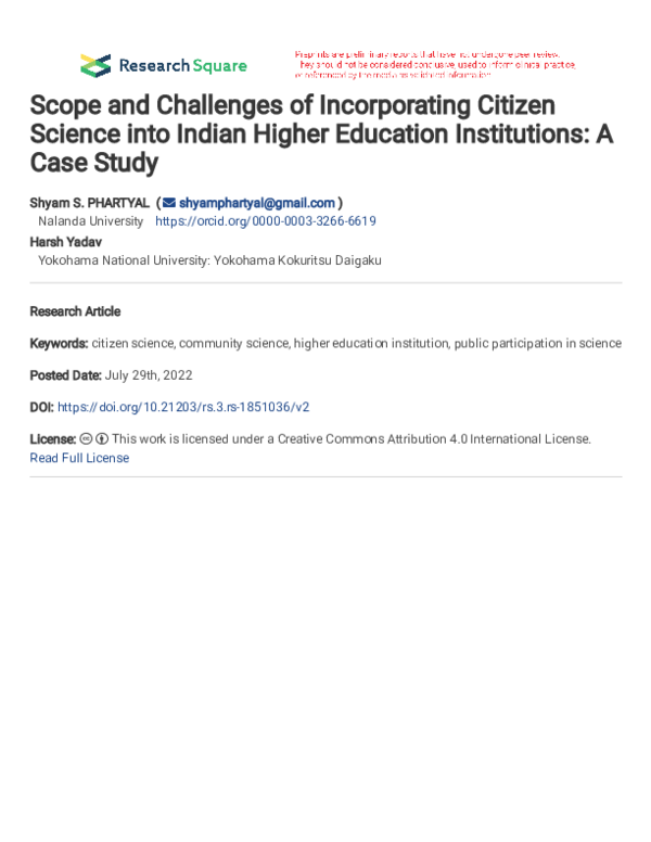 (PDF) Scope and Challenges of Incorporating Citizen Science into Indian ... (PDF) Scope and Challenges of Incorporating Citizen Science into Indian ...