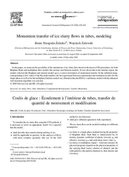 (PDF) Momentum transfer of ice slurry flows in tubes, modeling