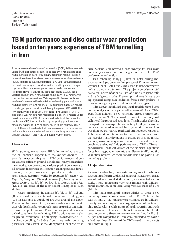 (PDF) TBM performance and disc cutter wear prediction based on ten years experience of TBM ...