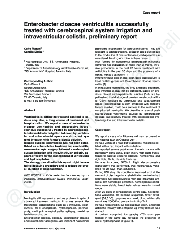 (PDF) Enterobacter cloacae ventriculitis successfully treated with ...