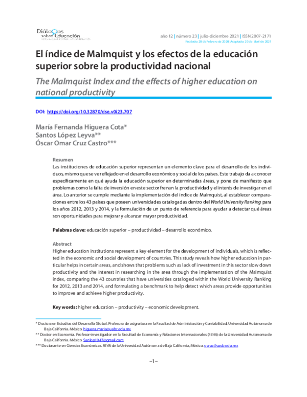 (PDF) The Malmquist Index and the effects of higher education on national productivity | Oscar ...