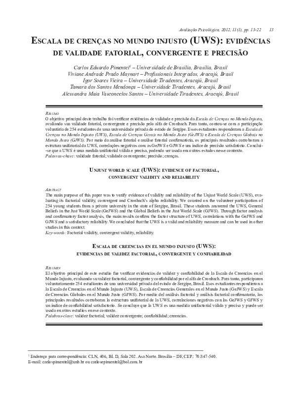 (PDF) Unjust world scale (UWS): evidence of factorial, convergent ...