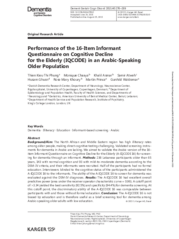 Pdf Performance Of The 16 Item Informant Questionnaire On Cognitive