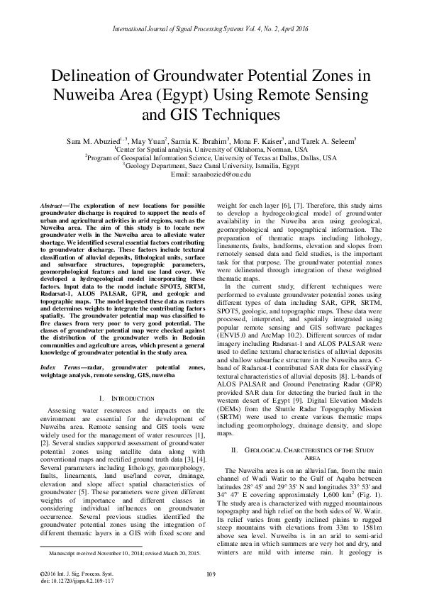 Pdf Delineation Of Groundwater Potential Zones In Nuweiba Area Egypt Using Remote Sensing