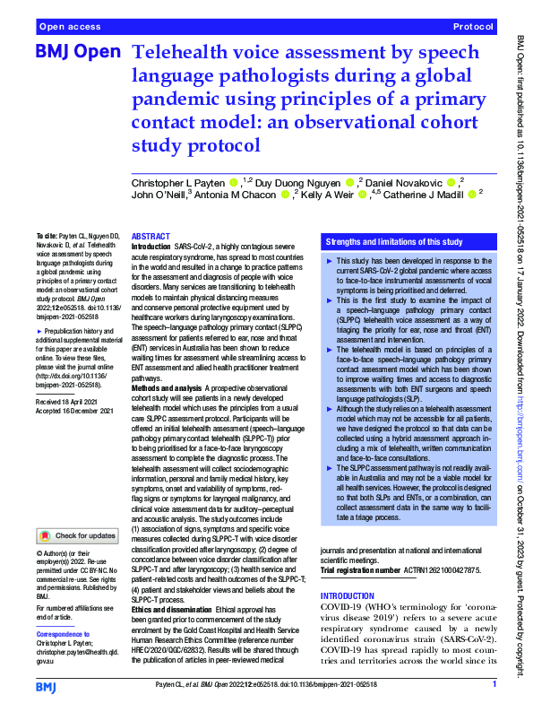 (PDF) Telehealth voice assessment by speech language pathologists ...