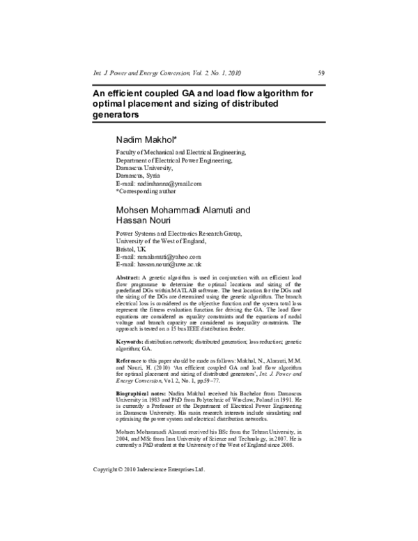 Pdf An Efficient Coupled Ga And Load Flow Algorithm For Optimal Placement And Sizing Of 