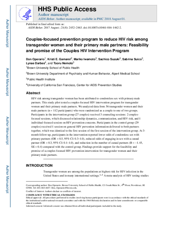 (PDF) Couples-Focused Prevention Program to Reduce HIV Risk Among ...