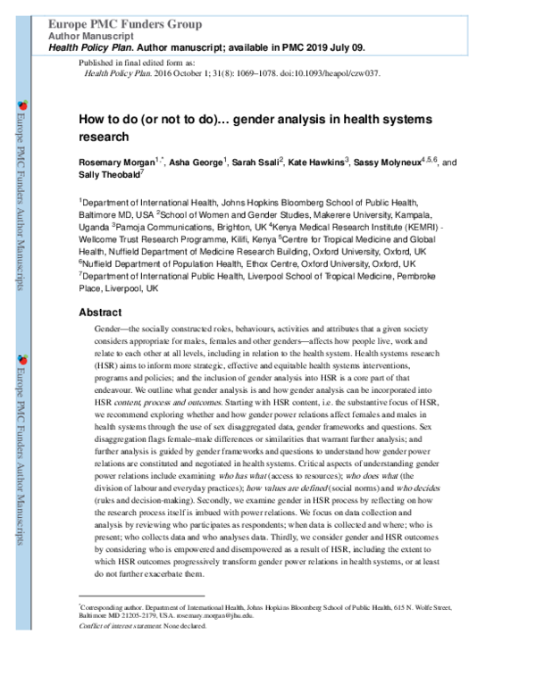 (PDF) How to do (or not to do)… gender analysis in health systems research