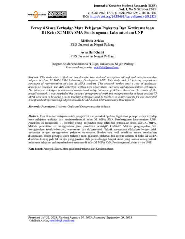 (PDF) Persepsi Siswa Terhadap Mata Pelajaran Prakarya Dan Kewirausahaan ...