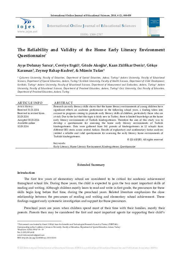 (PDF) The Reliability and Validity of the Home Early Literacy Environment Questionnaire