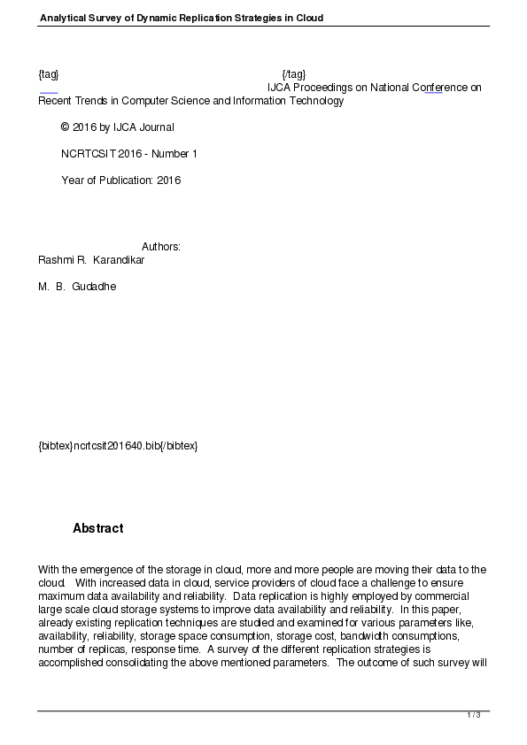 (PDF) Analytical Survey of Dynamic Replication Strategies in Cloud