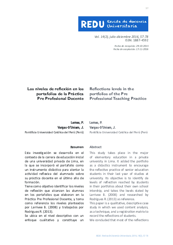 (PDF) Los niveles de reflexión en los portafolios de la Práctica Pre Profesional Docente