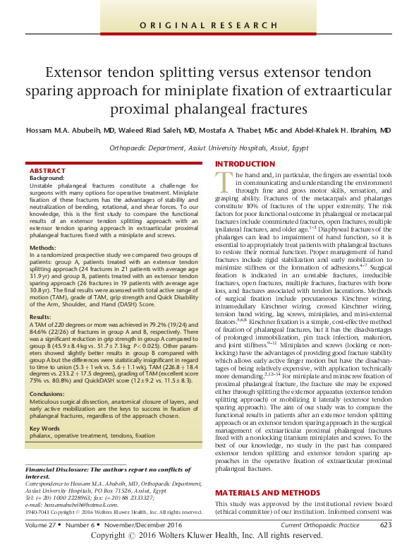 (PDF) Extensor tendon splitting versus extensor tendon sparing approach ...
