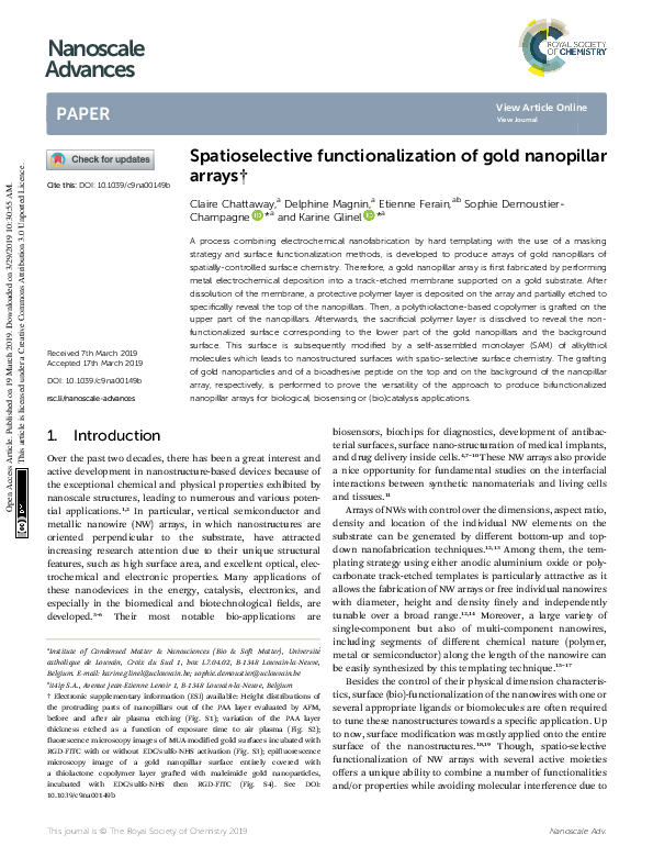 (PDF) Spatioselective functionalization of gold nanopillar arrays