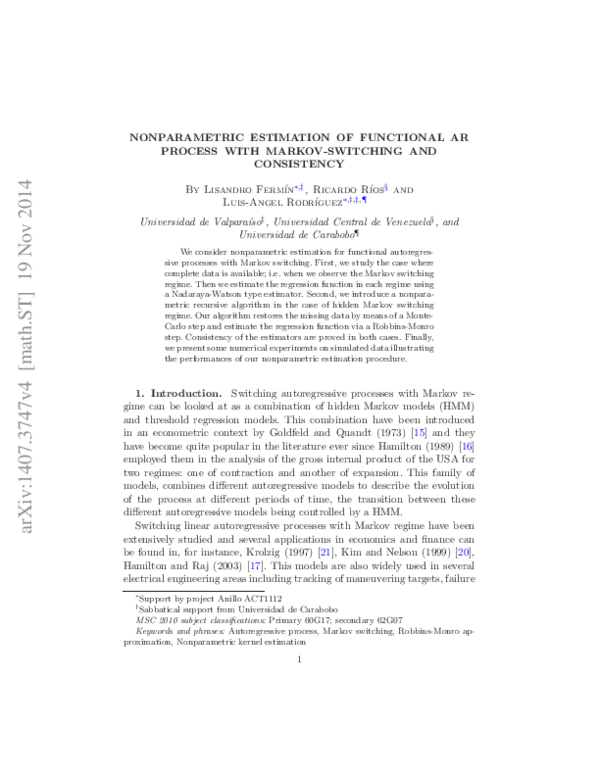 (PDF) Nonparametric estimation of functional AR process with Markov-switching and Consistency