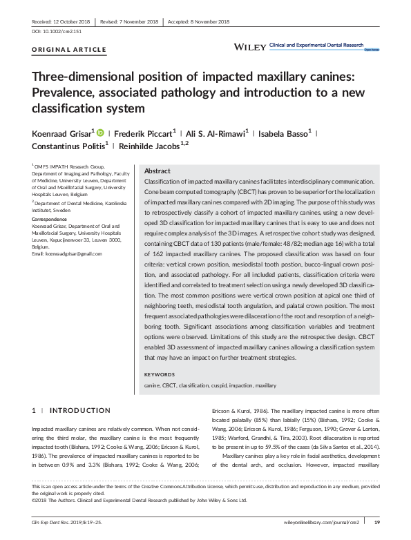(PDF) Three‐dimensional position of impacted maxillary canines ...