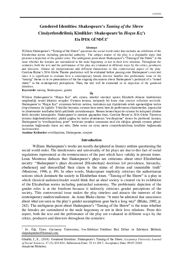 (PDF) Gendered Identities: Shakespeare’s Taming of the Shrew