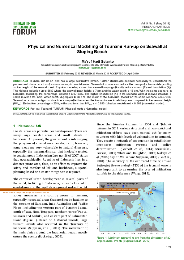 Pdf Physical And Numerical Modelling Of Tsunami Run Up On Seawall At Sloping Beach
