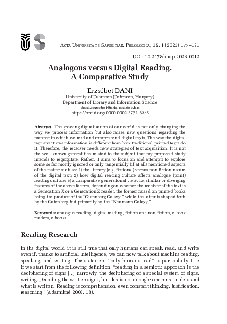 (PDF) Analogous versus Digital Reading. A Comparative Study
