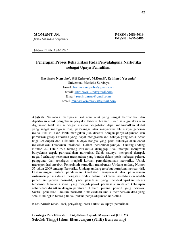 (PDF) Penerapan Proses Rehabilitasi Pada Penyalahguna Narkotika Sebagai Upaya Pemulihan