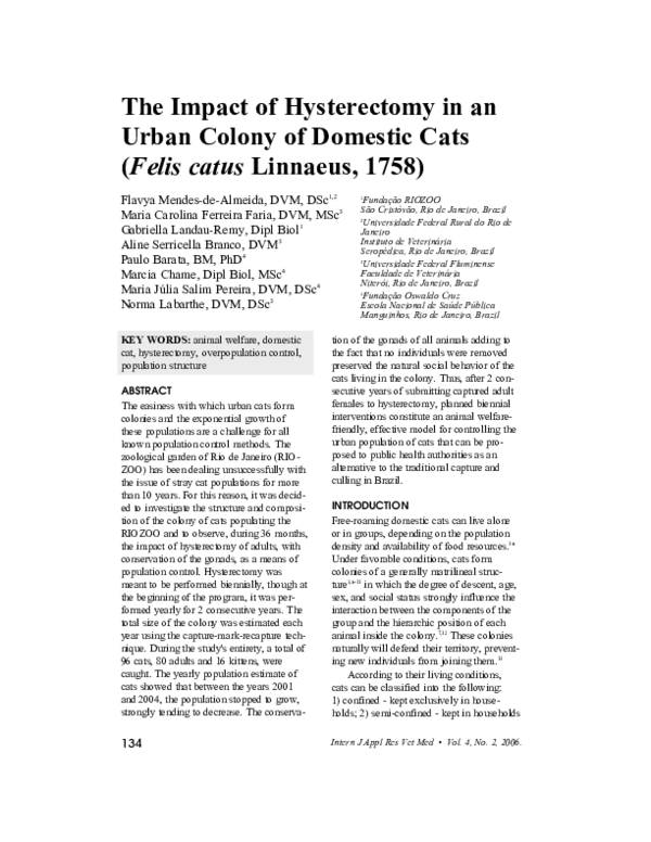 (PDF) The Impact of Hysterectomy in an Urban Colony of Domestic Cats ...
