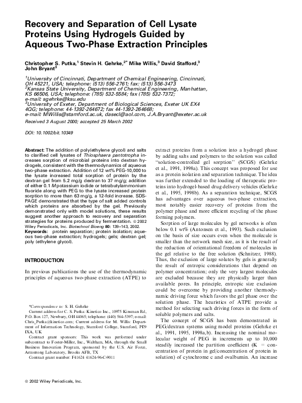 (PDF) Recovery and separation of cell lysate proteins using hydrogels guided by aqueous two ...