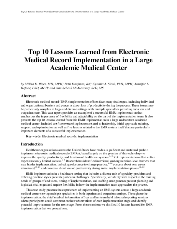 (PDF) Top 10 Lessons Learned from Electronic Medical Record ...
