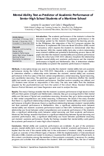 (PDF) Mental Ability Test as Predictor of Academic Performance of ...