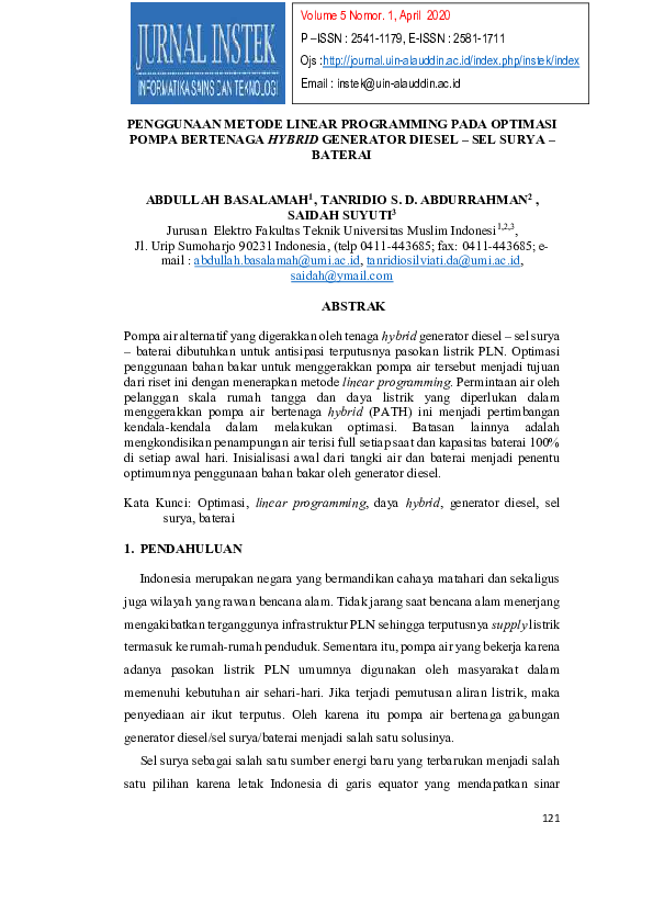 (PDF) Penggunaan Metode Linear Programming Pada Optimasi Pompa Bertenaga Hybrid Generator Diesel ...