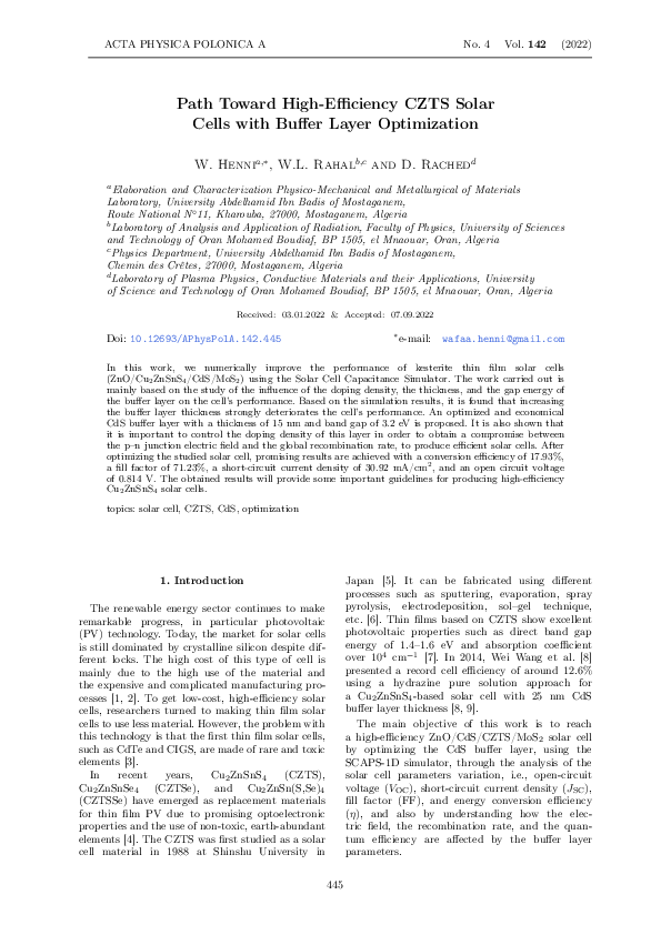 (PDF) Path Toward High-Efficiency CZTS Solar Cells with Buffer Layer Optimization
