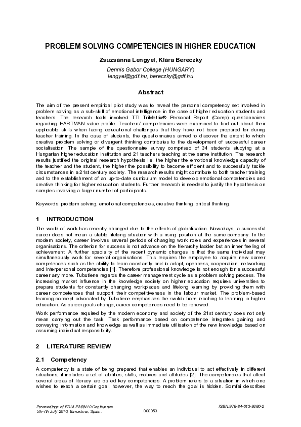 (PDF) Problem Solving Competencies in Higher Education