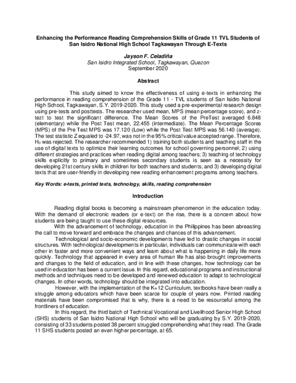 (PDF) Enhancing the Performance Reading Comprehension Skills of Grade ...