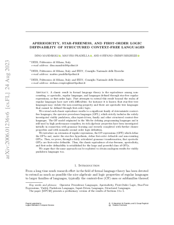 (PDF) Aperiodicity, Star-freeness, and First-order Definability of Structured Context-Free Languages